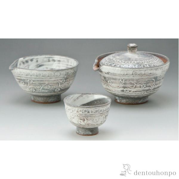 適度に拭かれた白化粧と三島手（花の印で模様を入れ、そこに化粧土を塗り込むこと）が見事に調和した趣のある茶器です。■ 小茶器揃 粉引三島 宝瓶1個・湯ざまし1個・碗5個セット 【 清水焼 京焼 】＜仕様＞・ショップ品番：kmk1878・材質：...