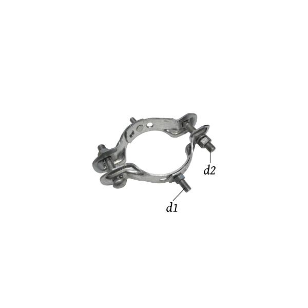 イワブチ 自在バンド 4BD-HD-12T・適用径範囲:φ120〜φ195・バンド幅:40mm  厚み:3.2mm・d1:M16×50・d2:M16×110・引留め支線の太さ:30mm2〜38mm2支線、メッセンジャーワイヤの取付に使用する...