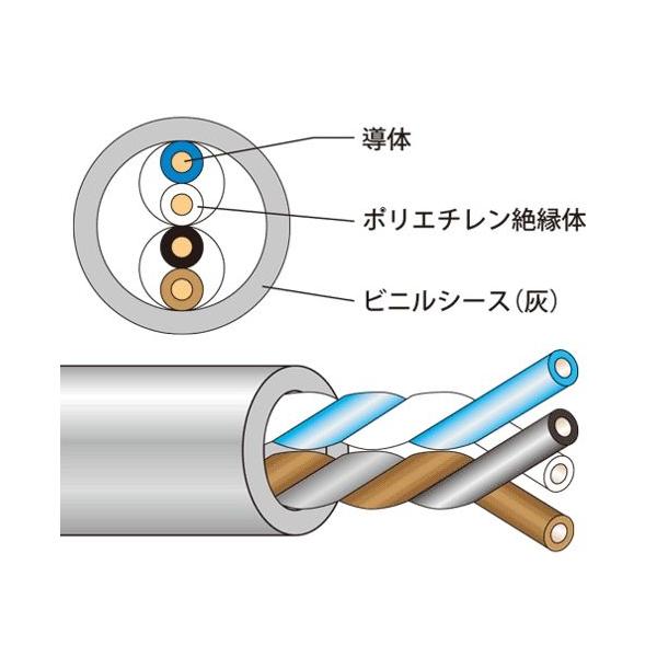 電子ボタン電話用ケーブル J-FCT0.5mm×2P (灰色)・導体径:0.5mm・対数:2P・絶縁体厚さ:約0.2mm・シース厚さ:約0.7mm・仕上外径:約4.5mm・識別色:2P 青白/茶黒電子ボタン電話の配線用として、主装置と電話機...