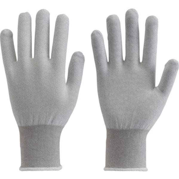 【3363414】表面抵抗値:繊維部 2.8×10[[の8乗]]Ω厚み:0.7mmサイズ:L色:グレー全長(cm):20.0手のひら周り(cm):17中指長さ(cm):6.8材質／仕上：繊維部:ナイロン100%（カーボン導電糸入）質量:16...