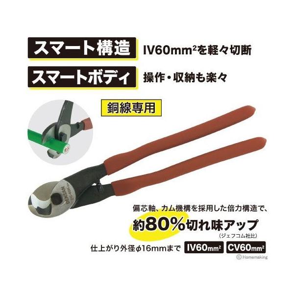 銅線専用IV60sqを軽々に切断仕上がり外径：Φ16mmまで（IV60sq CV60sq)
