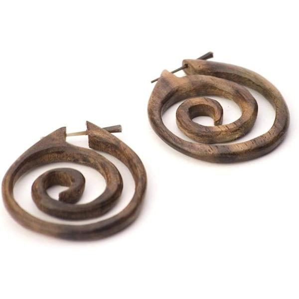 商品名手が81stgenerationによってスパイラル木製部族ココイヤリングのペアを作った81stgeneration Round Wooden Discs Spiral Earrings with Stick Posts - State...