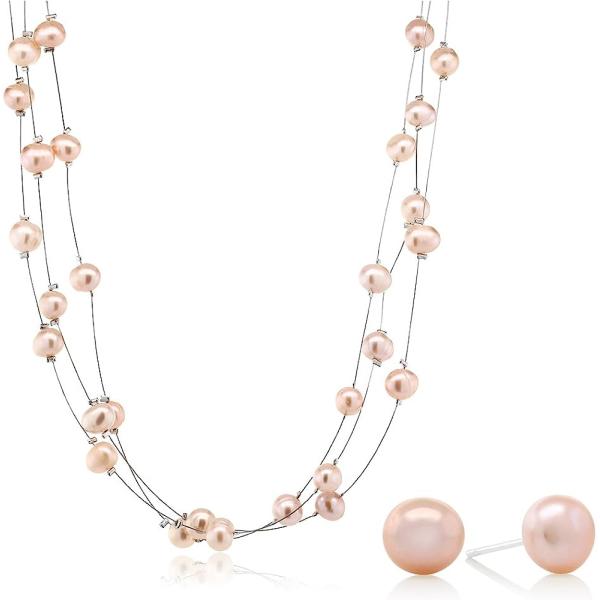 商品名[Gem Stone King] ピンク 淡水養殖真珠 ネックレス＆ピアスセットGem Stone King 3-Row 7-8MM Pink Cultured Freshwater Pearl 18 Inch Necklace Ea...