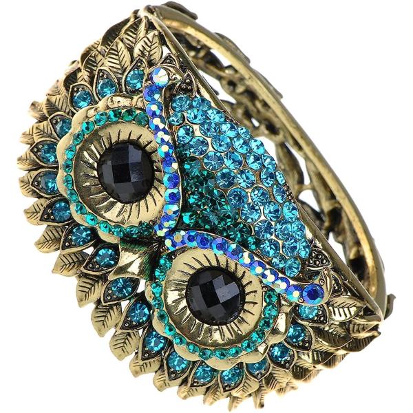 商品名(Green) - Alilang Womens Antique Golden Owl Face Crystal Rhinestones Cuff BraceletAlilang Womens Antique Owl Bird Cry...