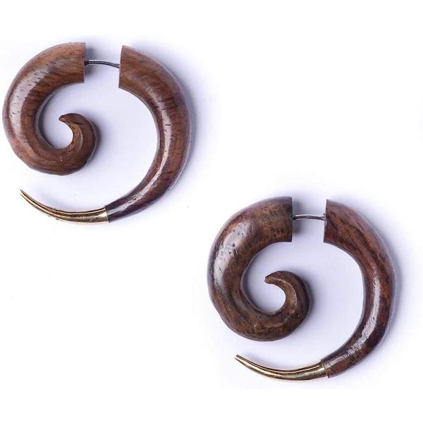商品名81stgeneration真鍮ゴールド付き木製スパイラルストレッチャーピアス（両耳用）81stgeneration Women's Men's Brown Wood Brass Gold Tone 30 mm Fake Stretc...
