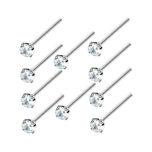 商品名Clear Cz 925 Sterling Silver Bendable Nose Ring with 1.2mm Prong Setting Straight Ended Cz - 1/2"" Long 10 Pcs LotCle...