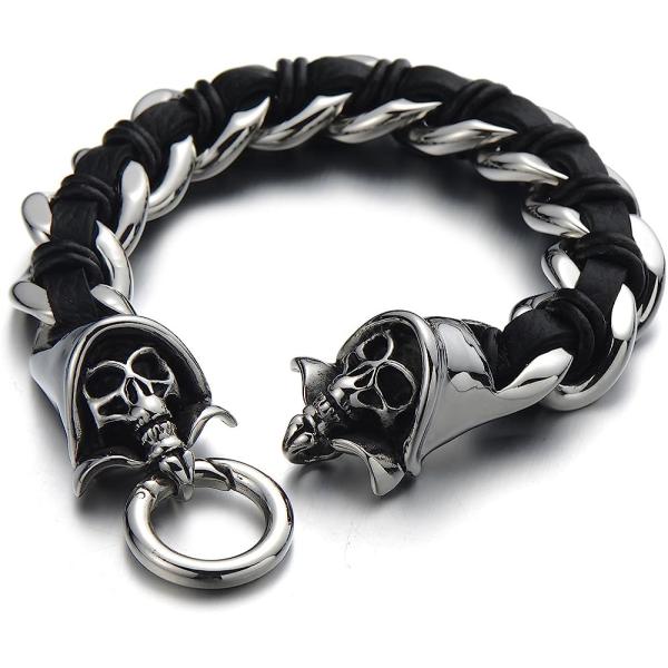 商品名ステンレススチールメンズスカル縁石チェーンブレスレットInterwoven withブラック純正BraidedレザーCOOLSTEELANDBEYOND Stainless Steel Mens Skull Curb Chain Br...
