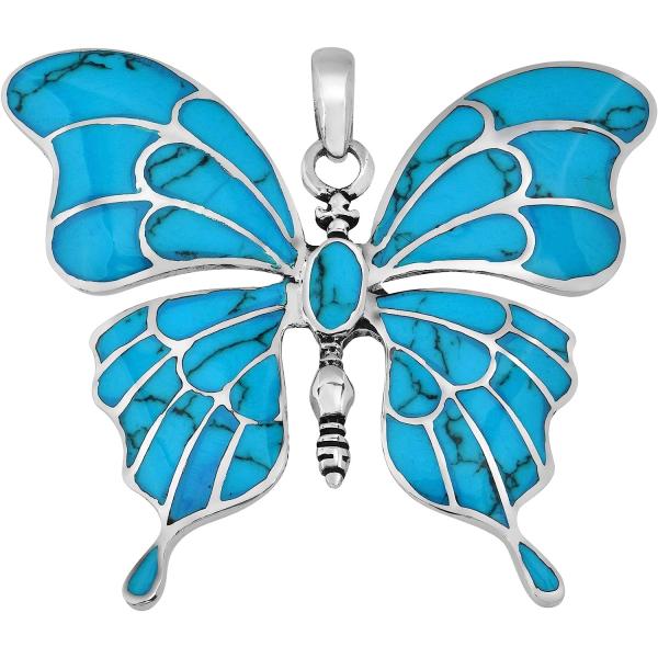商品名AeraVida ゴージャスな大きな蝶の象嵌 模造ターコイズ .925スターリングシルバーペンダントAeraVida Gorgeous Big Butterfly Inlaid Simulated Blue Turquoise .92...