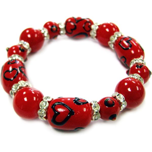 商品名Linpeng br-2535 F Fiona 3d Hand Painted死者の日シュガースカルガラスビーズストレッチブレスレット レッド IUP65-3Linpeng Painted Heart Red Stretch Bead...