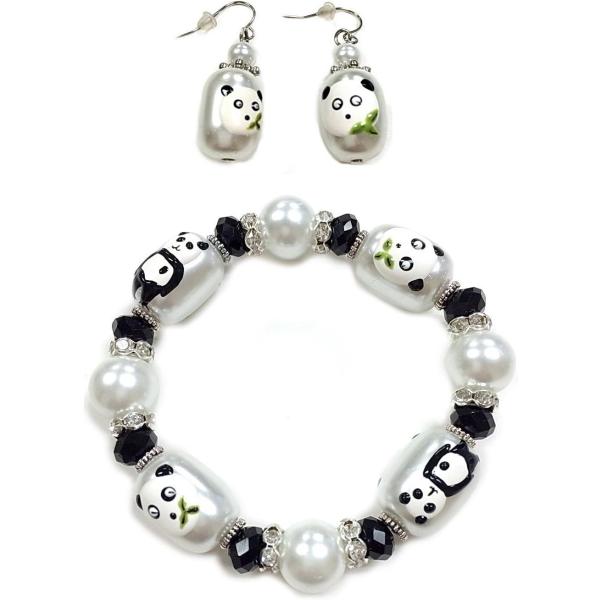 商品名Linpeng BR Piece Fiona 3D 手描き パンダ ガラスビーズ ストレッチブレスレットとイヤリング ギフトセット BR-2395/E-199Linpeng Panda Beads Stretch Bracelet &...
