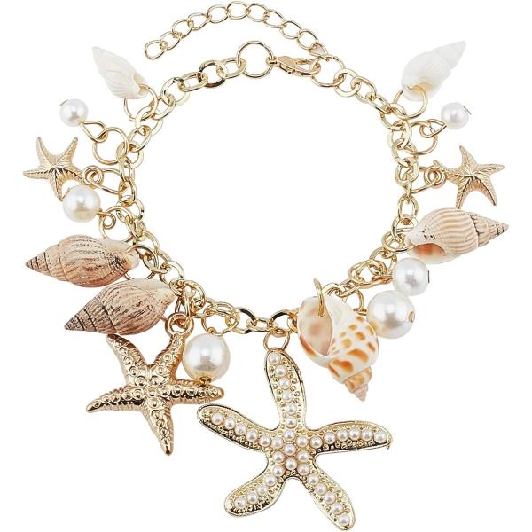 商品名PH PandaHall ファッション 貝殻 ヒトデブレスレット パールチャームブレスレット ゴールデンシェルビーズブレスレット マーメイドコスチュームジュエリー ハロウィン レディース 調節可能 ハワイアン ジャマイカ アンクルブレ...