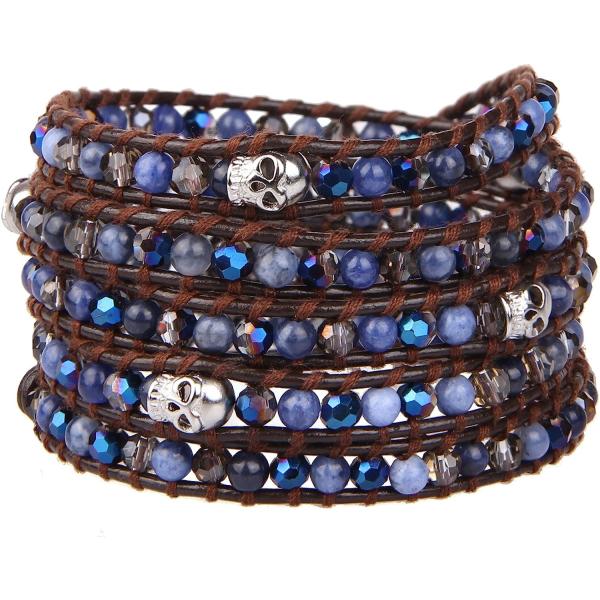商品名KELITCHさまざまな半貴石ストーンとクリスタルビーズの2トーンブレスレットレディース5ラップレザー ブルーKELITCH Women Silver Skull Leather Bracelets Crystal Beads 5 W...
