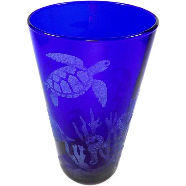 商品名手エッチング17.25オンスコバルトブルーCoolerガラスGoblet Sandblasted (砂Carved ) Ocean Scenery with Dolphin、トロピカル魚、ウミガメ、タツノオトシゴ、Seaweed Cr...