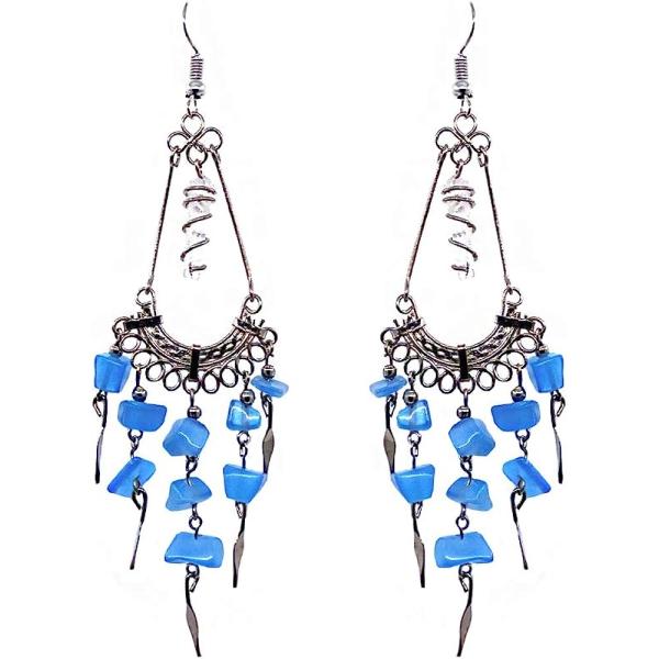 商品名ワイヤーラップ クォーツ クリスタルチップストーン シャンデリア ダングルイヤリング ブルーWire Wrapped Clear Quartz Crystal Long Silver Metal Chandelier Chip Sto...