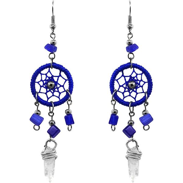 商品名ドリームキャッチャークオーツクリスタルチップストーンイヤリング One Size ブルーThread Dream Catcher Long Chip Stone Natural Clear Quartz Crystal Dangle ...