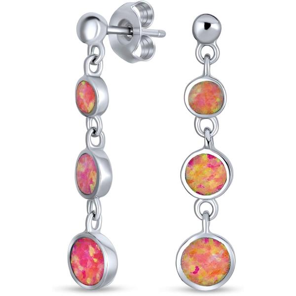 商品名幾何学的な宝石 3 の Bezel の円形ディスク線形は女性のティーン .925 のスターリング・シルバーのための円のオパールの絞首刑のイヤリングをローズ ピンクしますGeometric Gemstone 3 Bezel Round ...