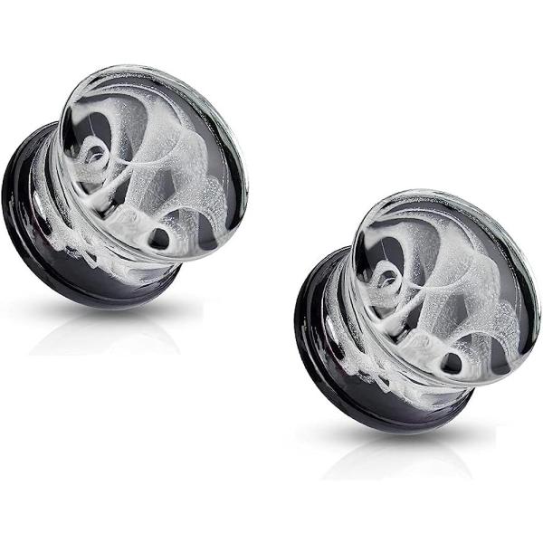 商品名Pierced Owl ホワイト渦巻き煙 パイレックスガラス ダブルフレア ブラックバックプラグ ペアで販売Pierced Owl White Swirling Smoke Pyrex Glass Double Flared Blac...