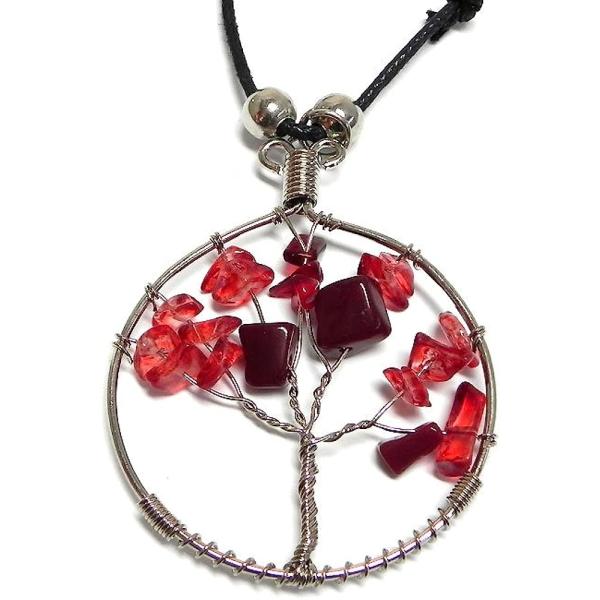 商品名Tree of Lifeチップストーンペンダントネックレス One Size レッドMia Jewel Shop Tree of Life Tumbled Chip Stone Round Silver Metal Wire Wrap...