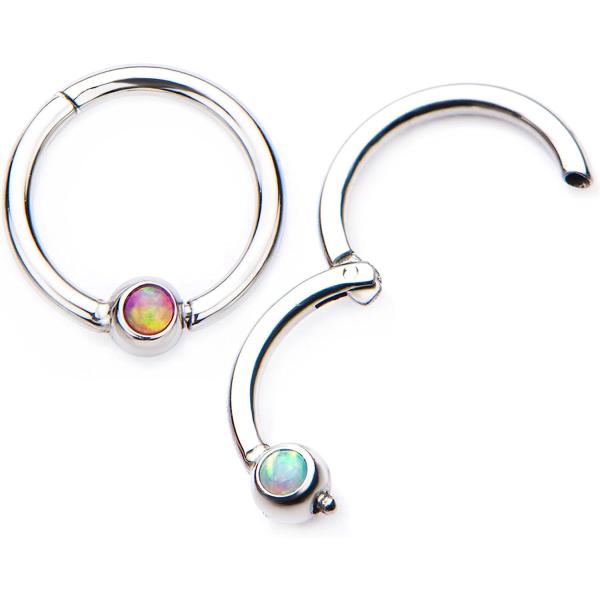 商品名Pierced Owl 16GA オパールセンター ステンレススチール ヒンジセグメントリング, ステンレススチール、オパール、合成オパール。, 合成オパールPierced Owl 16GA Opal Centered Stainle...