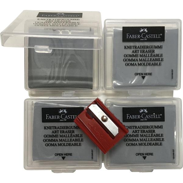 商品名Faber-Castell ラージ練りアートイレーザー グレー アーティスト ドローイングアート鉛筆消しゴム ケース付き [4個入り] + Faber-Castell 削り器1個Faber-Castell Large Kneaded ...