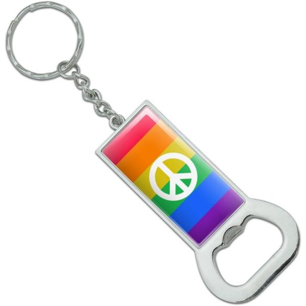 商品名ピースレインボーLGBTQシンボル長方形クロムメッキボトルキャップオープナーキーホルダーキーリングメッキGRAPHICS &amp; MORE Peace Rainbow LGBTQ Symbol Keychain Rectangle...