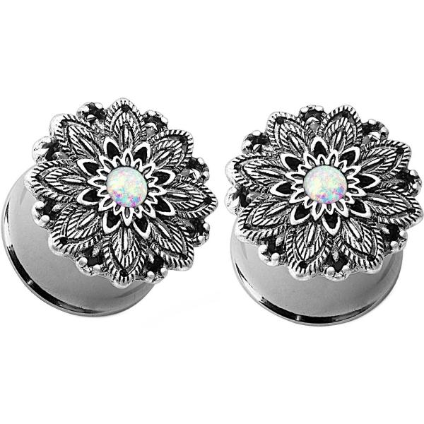 商品名ペアの合成オパールLotus Flowerダブルフレア耳プラグトンネルステンレススチール/真鍮ゲージPair of Synthetic Opal Lotus Flower Double Flared Ear Plugs Tunnels...