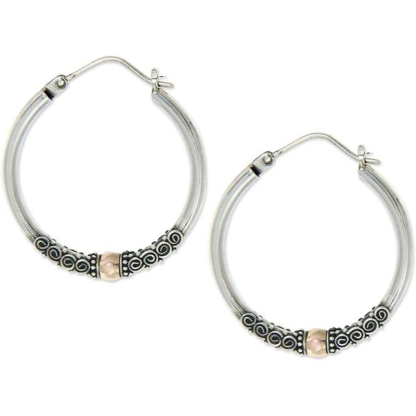 商品名Novica。925スターリングシルバーフープイヤリングwith 18 Kゴールドメッキアクセント、クラウドにキスMoon 'NOVICA Handmade Fair Trade 18k Gold Accented Silver Ho...