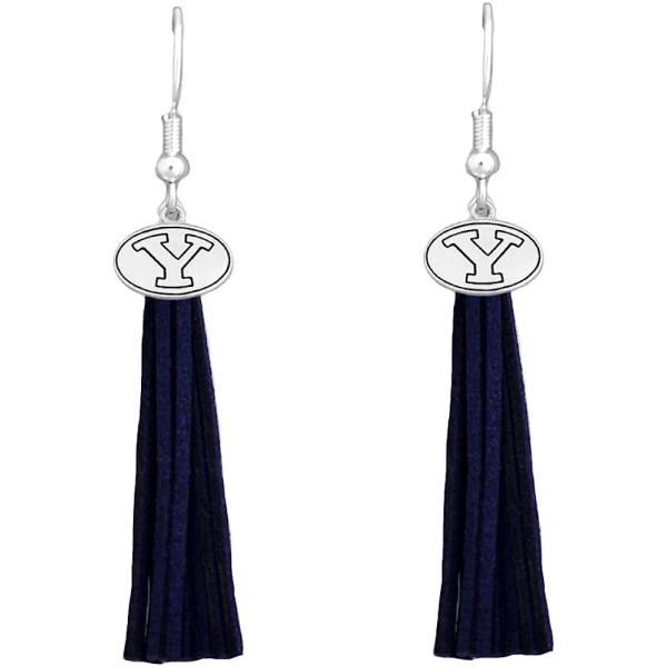 商品名BYUブリガムヤング大学ブルーレザータッセルシルバーチャームイヤリングジュエリーギフトBYU Blue Leather Tassel Silver Charm Earring Jewelry Gift Brigham Young Un...