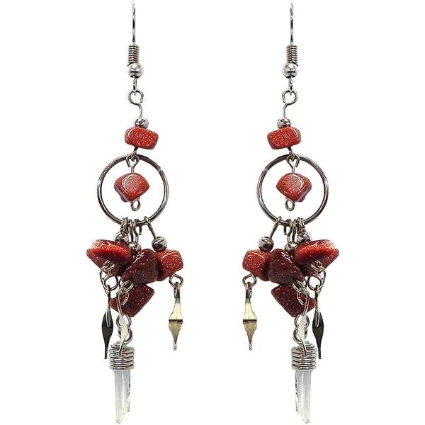 商品名チップストーンフープクオーツクリスタルダングルイヤリング ブラウンChip Stone Metal Hoop Long Clear Quartz Crystal Point Dangle Earrings - Womens Fashi...