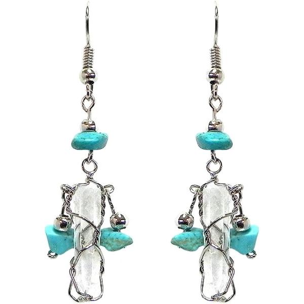 商品名Wire Wrapped Quartz Crystal Tripleチップストーンイヤリング ブルーSilver Metal Wire Wrapped Natural Clear Quartz Crystal Chip Stone D...