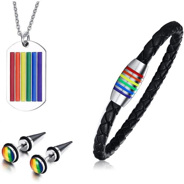 商品名MPRAINBOW ゲイレズビアンレインボープライドパレードアクセサリージュエリーセット ブレスレット21cm + イヤリング+ペンダントネックレス 4点セットMPRAINBOW 4Pcs Gay Lesbian Rainbow Pr...