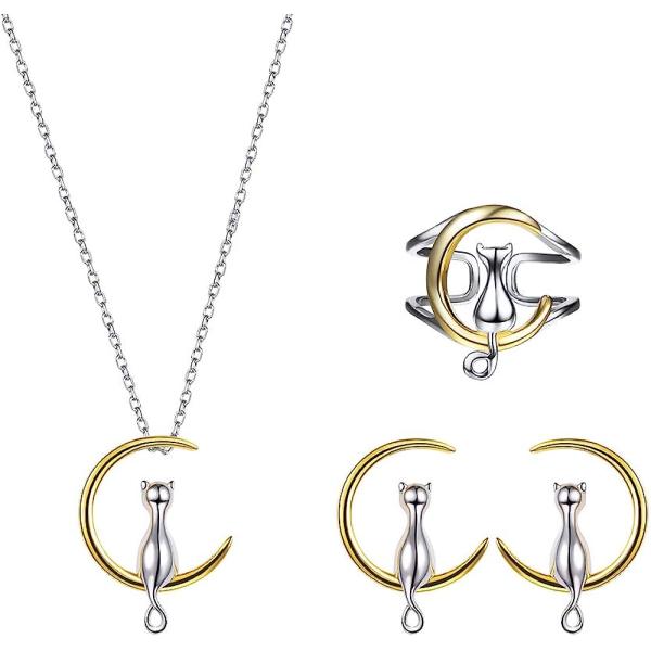 商品名SilverCute Cat On The Moonオープンリング調節可能なかわいい子猫スターリングシルバーリング シルバーSILVERCUTE Cat Jewelry Set 925 Sterling Silver Gold Pla...