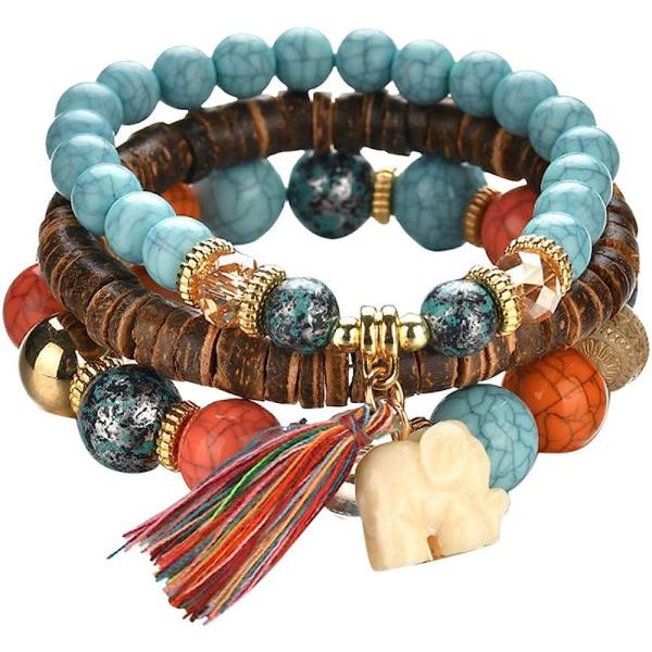 商品名Hongxin Bohemian Wood Beaded Bracelets &amp; Bangles for Women Ethnic Tassel Elephant Multilayer Bracelet Charm Pulse...