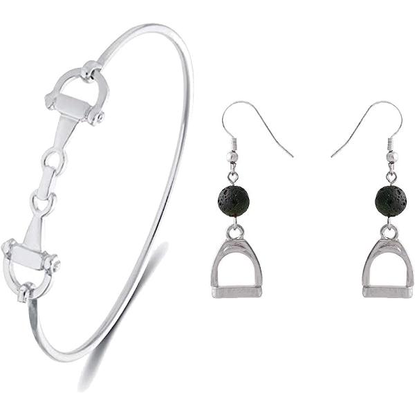 商品名SENFAI 馬 スナッフル ビット フック クラスプ チャーム ブレスレット バングル ジュエリー (シルバーブレスレット + イヤリング 3)SENFAI Horse Snaffle Bit Hook Clasp Charm Br...
