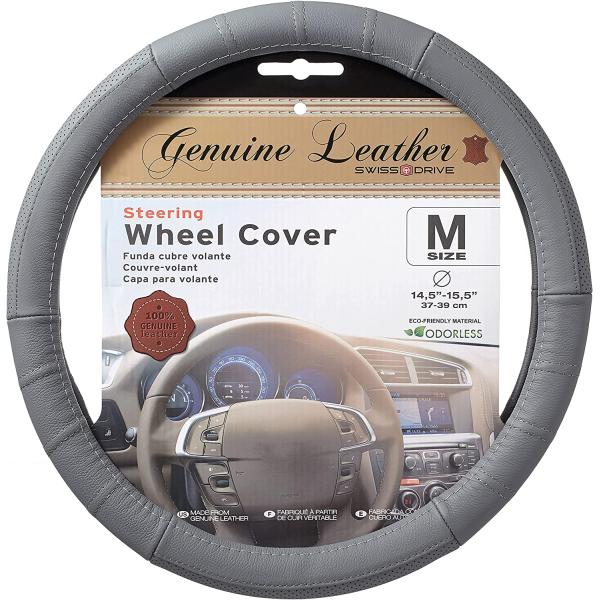 商品名Swiss Drive ハンドルカバー 14.5~15.5 サイズM - 本革グレー - 地球に優しいホイールカバー 滑り止めテクスチャ付き - 安全グリップハンドルカバー 車やSUV用Swiss Drive Steering Whe...