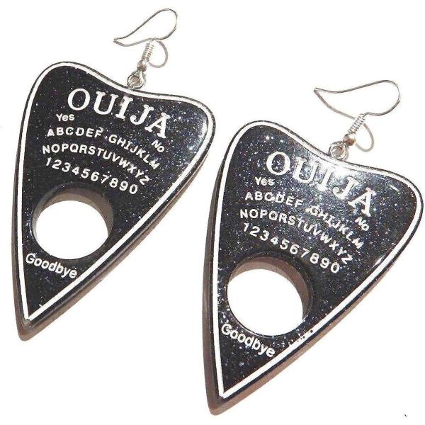 商品名ブラックグリッター Ouija ボードプランシェットイヤリング 低刺激性フレンチイヤーフックBlack Glitter Ouija Board Planchette Earrings on Hypoallergenic French ...