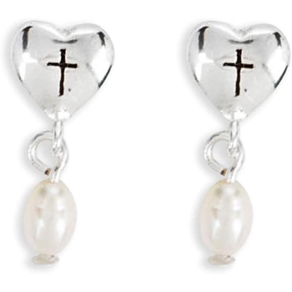 商品名初聖体拝領 ハート クロス パール ドロップ ガールズ ワンサイズ シルバーメッキ イヤリングFirst Holy Communion Heart Cross Pearl Drop Girl's One Size Silver-Pla...