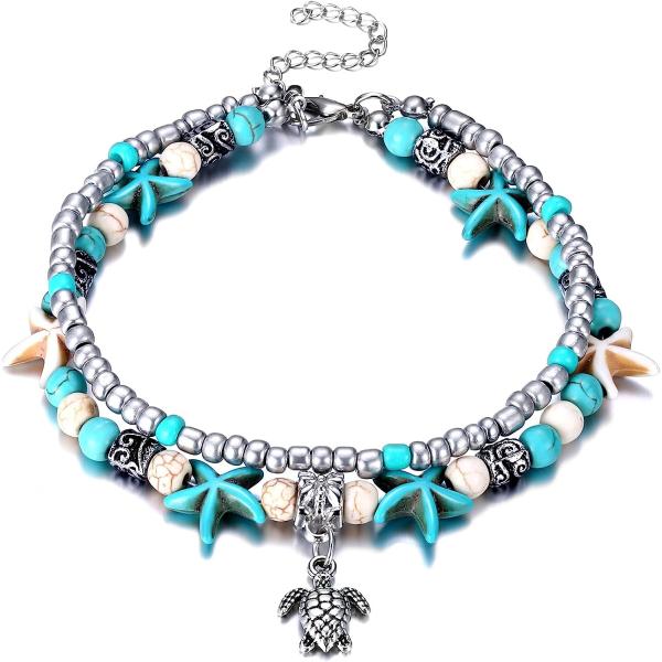 商品名Fesciory Women Starfish Turtle Anklet Multilayer Adjustable Beach Alloy Ankle Foot Chain Bracelet Boho Beads Jewelry(...