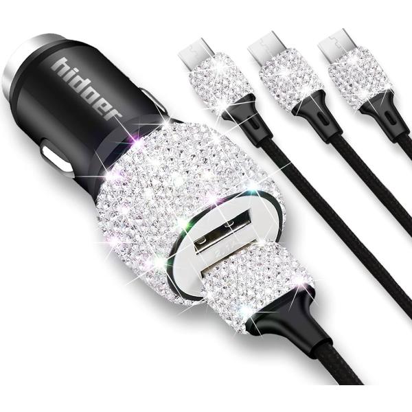 商品名Bling USB カーチャージャー 5V/2.1A ホワイトクリスタル装飾 デュアルポート 高速アダプター 4フィート ナイロンタイプC/マイクロUSB 3イン1マルチ充電ケーブル iPhone iPad Android用 車内アク...