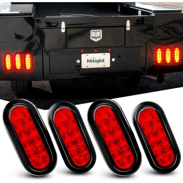 商品名Nilight - TL-07 6 Inch Oval Red Led Trailer Tail Lights 4PCS 10 Led with Flush Mount Grommets Plugs IP67 Waterproof S...