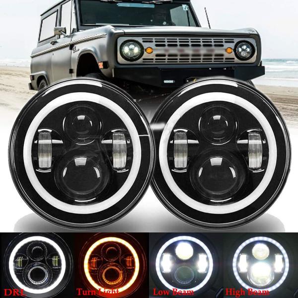 商品名For 1966-1977 Early Ford Bronco LED 7"" Headlights Amber Turning Light w/Halo &amp; w/Hi/Lo Headlamp &amp; w/H4-H13 A...