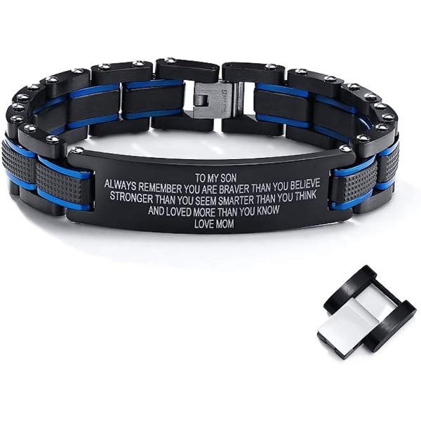 商品名MEALGUET 2トーン ブルー ブラック 男性的 ステンレススチール to My Son Always Remember You are Braver モチベーションを高めるリンクブレスレット Love Dad Mom 息子用ME...