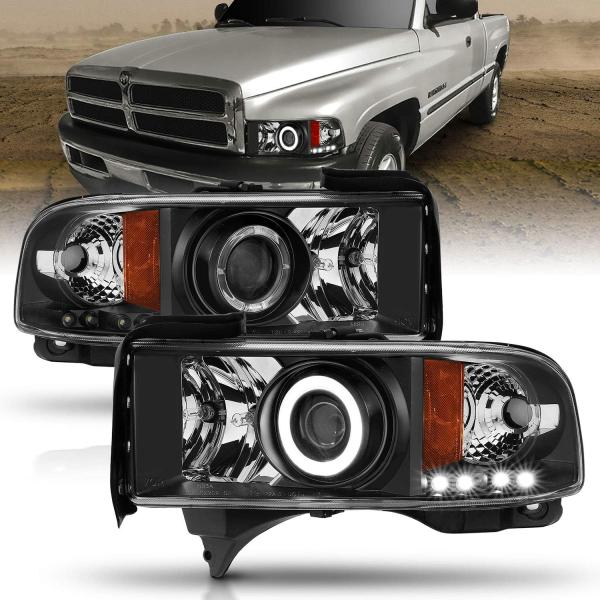 商品名AmeriLite ダッジ・ラム 1500/2500 / 3500 ピックアップトラック クリスタルブラック プロジェクターヘッドライト アセンブリ デュアルLED ヘイローリング + コーナーランプ交換セット - 助手席と運転席側A...