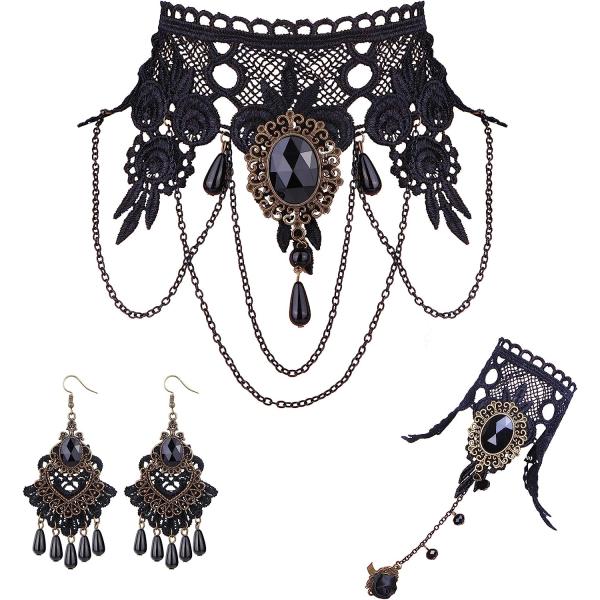 商品名FINREZIO Black Lace Necklace Long Fingerless Gloves and Pendant Earrings Set for Women Halloween Steampunk Wedding Pa...