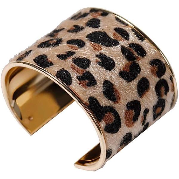 商品名The Woo's ヒョウ柄カフブレスレット 馬毛レザー ワイドゴールド オープンバングルブレスレット ワイドカフ ヒョウ柄 蛇皮 アニマルプリント レザーラップブレスレット レディース ガールズ バングルジュエリー, 金属,Leop...