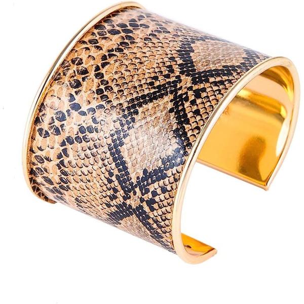 商品名The Woo's ヒョウ柄カフブレスレット 馬の毛 レザー ワイドゴールド オープンバングルブレスレット ワイドカフ ヒョウヘビ革 アニマルプリント レザーラップブレスレット レディース ガールズ バングルジュエリーLeopard ...