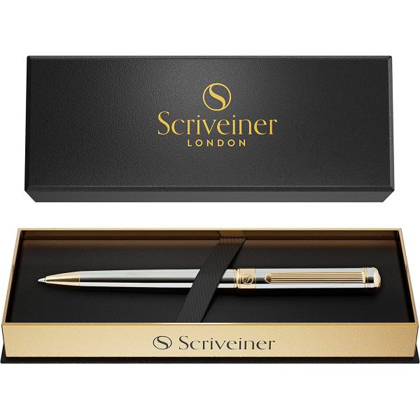 商品名Scriveiner ボールペン 最高級 24金仕上げ シュミット 黒リフィル 最高のボールペンギフトセット 男女 ビジネスマン 役員 オフィスに最適 (シルバークローム)Scriveiner Silver Chrome Ballpo...