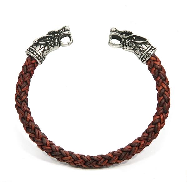商品名BaviPower ハンドクラフト フェンリルウルフヘッド トークバングルブレスレット 柔軟 ブラウン 本革 ステンレススチール 北欧スカンジナビアブレスレット 本物のバイキング メンズ ブレスレットBAVIPOWER Handcra...