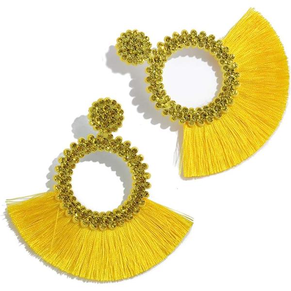 商品名D.Rosse ハンドメイド ボヘミアン タッセル クリスタル ステートメント ドロップ ダングル イヤリング レディース ガールズ フープ フリンジ 軽量 耳 ジュエリー サマーアクセサリー イエローD.Rosse Handmade...