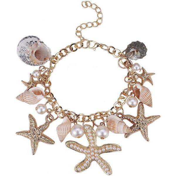 商品名PH PandaHall ヒトデシェルブレスレット コンチ ヒトデ 人工パール アンクレット ブレスレット チャーム レディース ボヘミアン 調節可能な貝殻ブレスレット (7インチ) 延長チェーン付き ゴールドPH PandaHall...